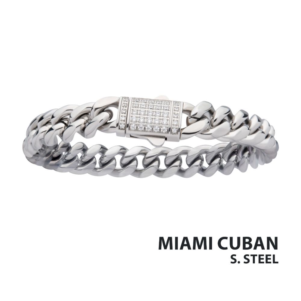 10mm Steel Miami Cuban Chain Bracelet with CZ Double Tab Box Clasp ...
